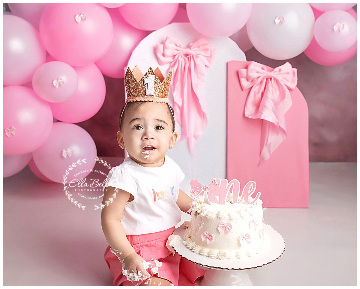 Pink Bows Cake Smash - San Antonio One Year Photographer | Ella Bella Photography - Newborn ...